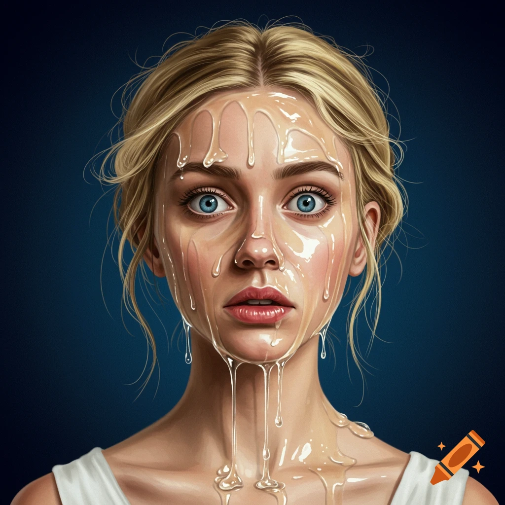 Portrait of a blonde woman with blue eyes and liquid dripping down her face. on Craiyon