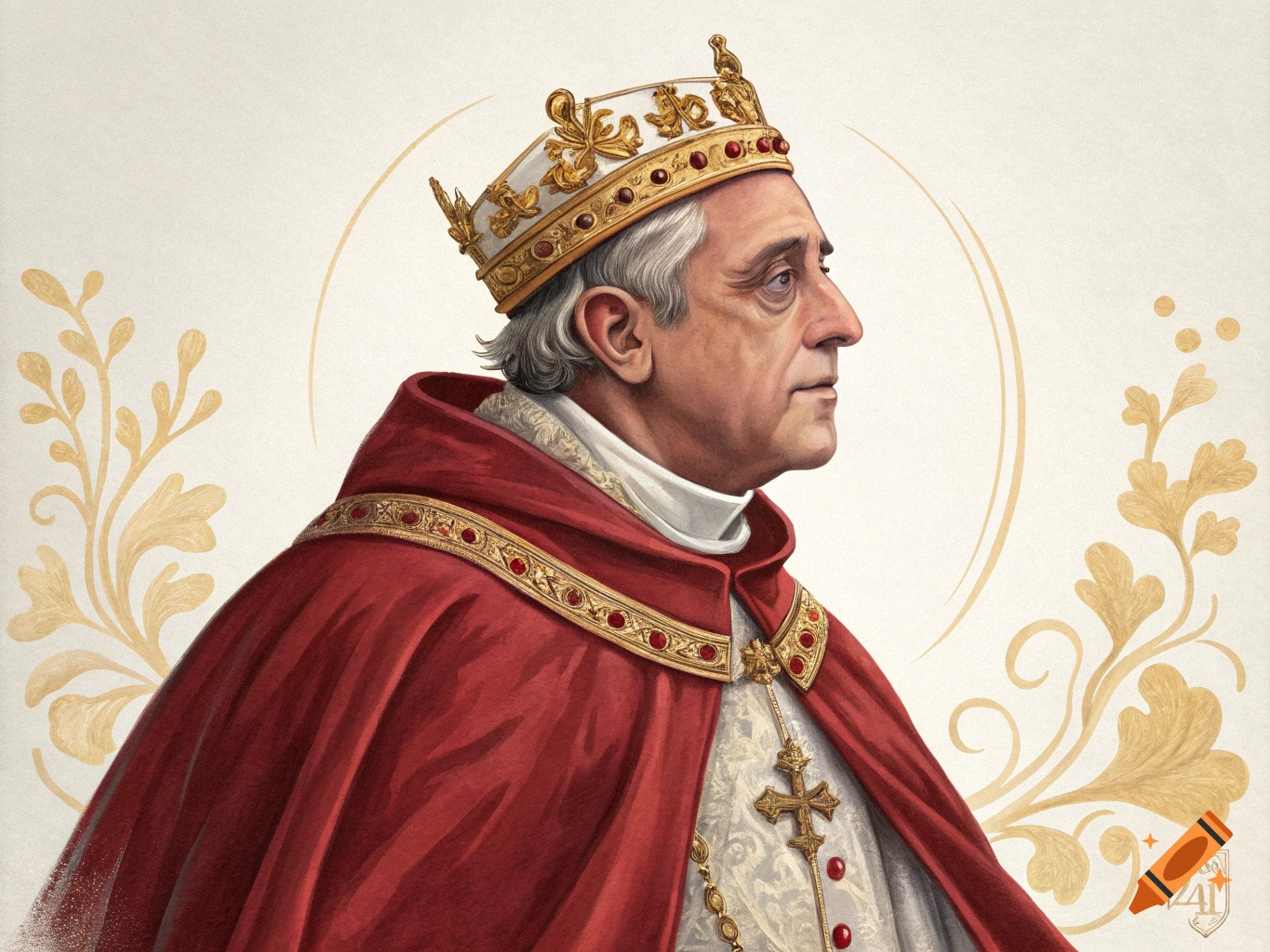 Profile portrait of a pope in red robes and ornate crown. on Craiyon