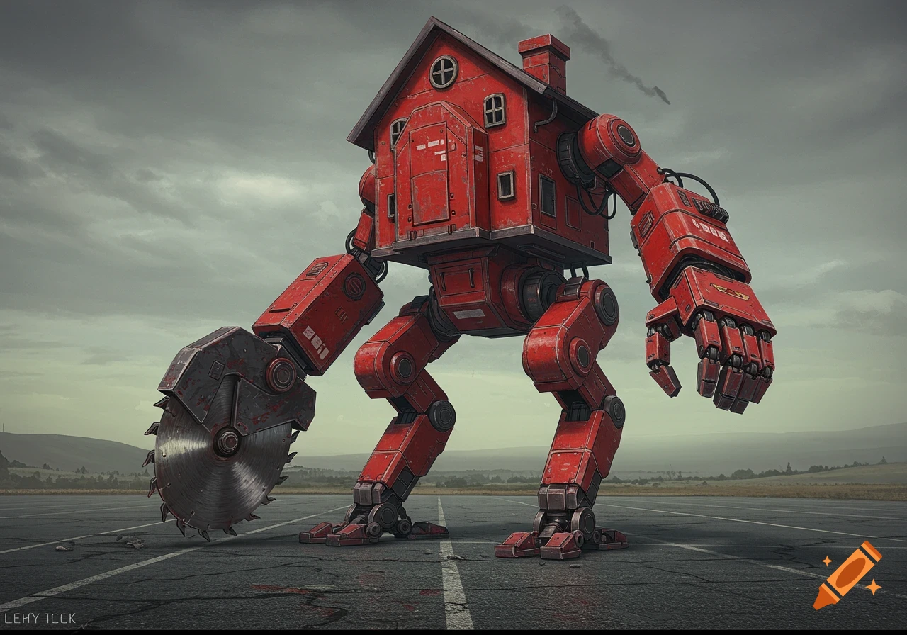 Giant red robot shaped like a house with a saw blade arm standing on a ...