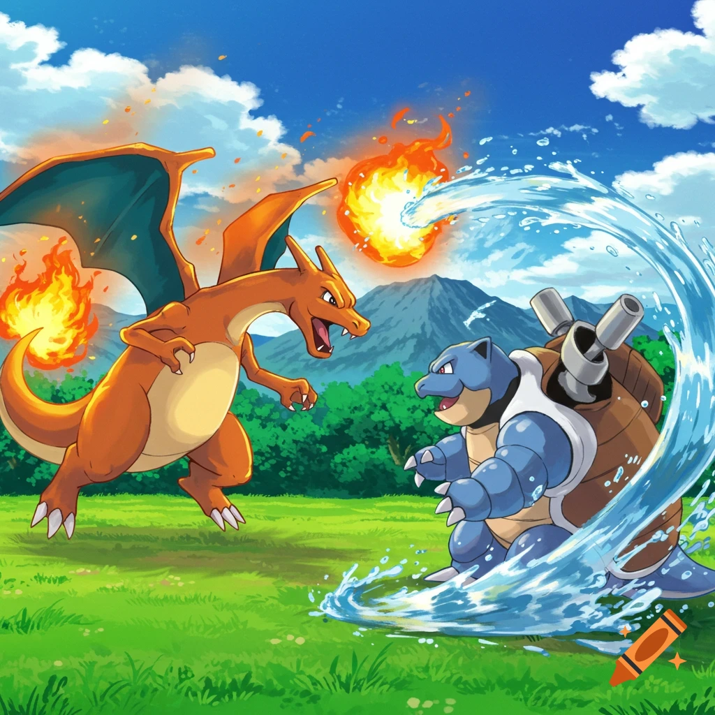Charizard battling Blastoise with fire and water attacks in a grassy ...