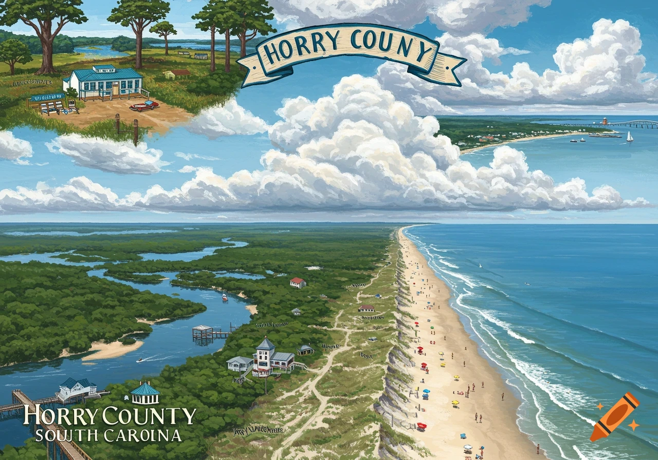 Illustrated map of the Horry County, South Carolina coastline with ...