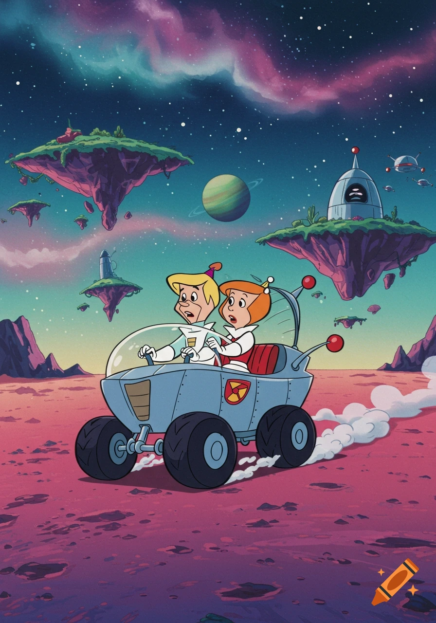 Cartoon characters in a space buggy on an alien planet with floating ...