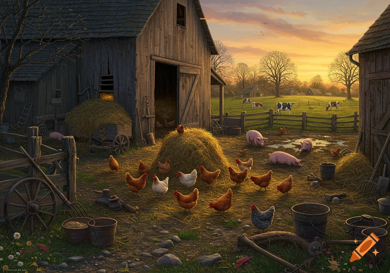 A painterly image of a barnyard at sunset with chickens, pigs, and cows ...