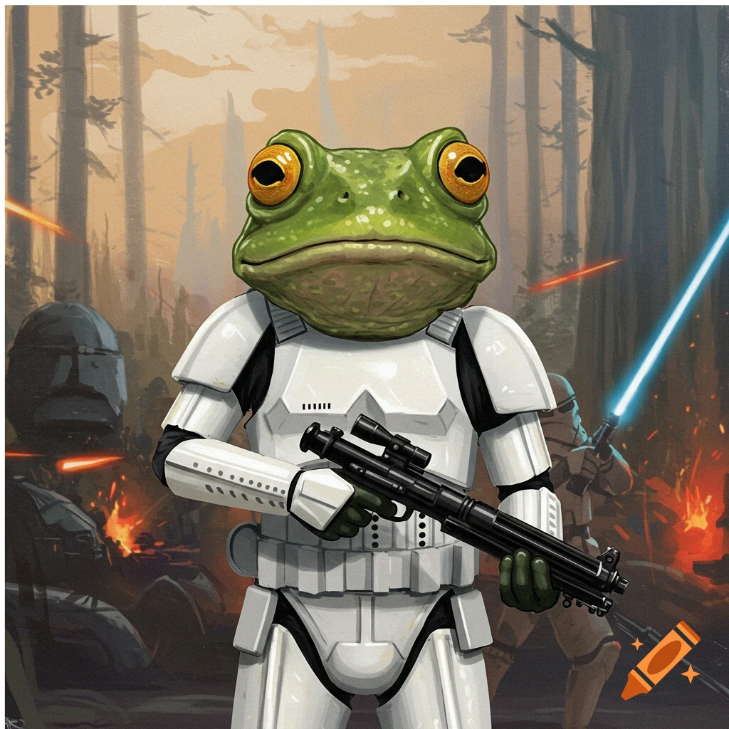 A frog wearing a Stormtrooper uniform holds a rifle in a battle scene ...