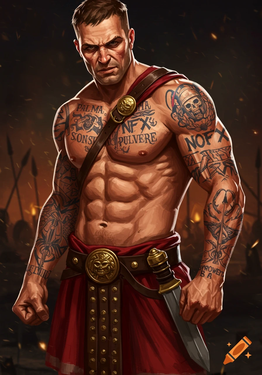 Muscular Roman warrior with tattoos in a battle scene, illustration on ...