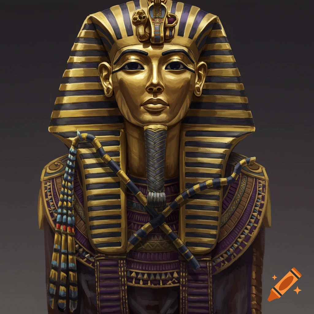 Illustration of a golden pharaoh's mask and clothing on Craiyon