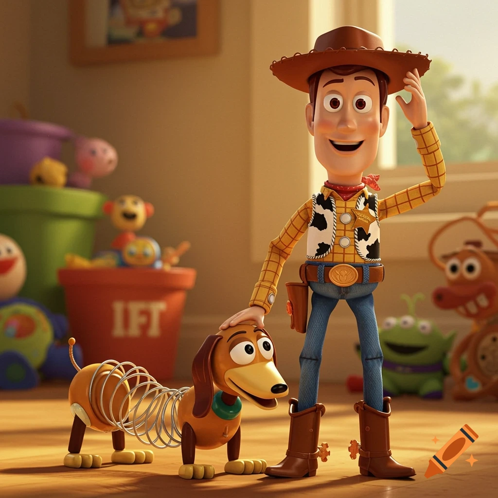 Woody the cowboy toy petting Slinky Dog in a child's room. on Craiyon