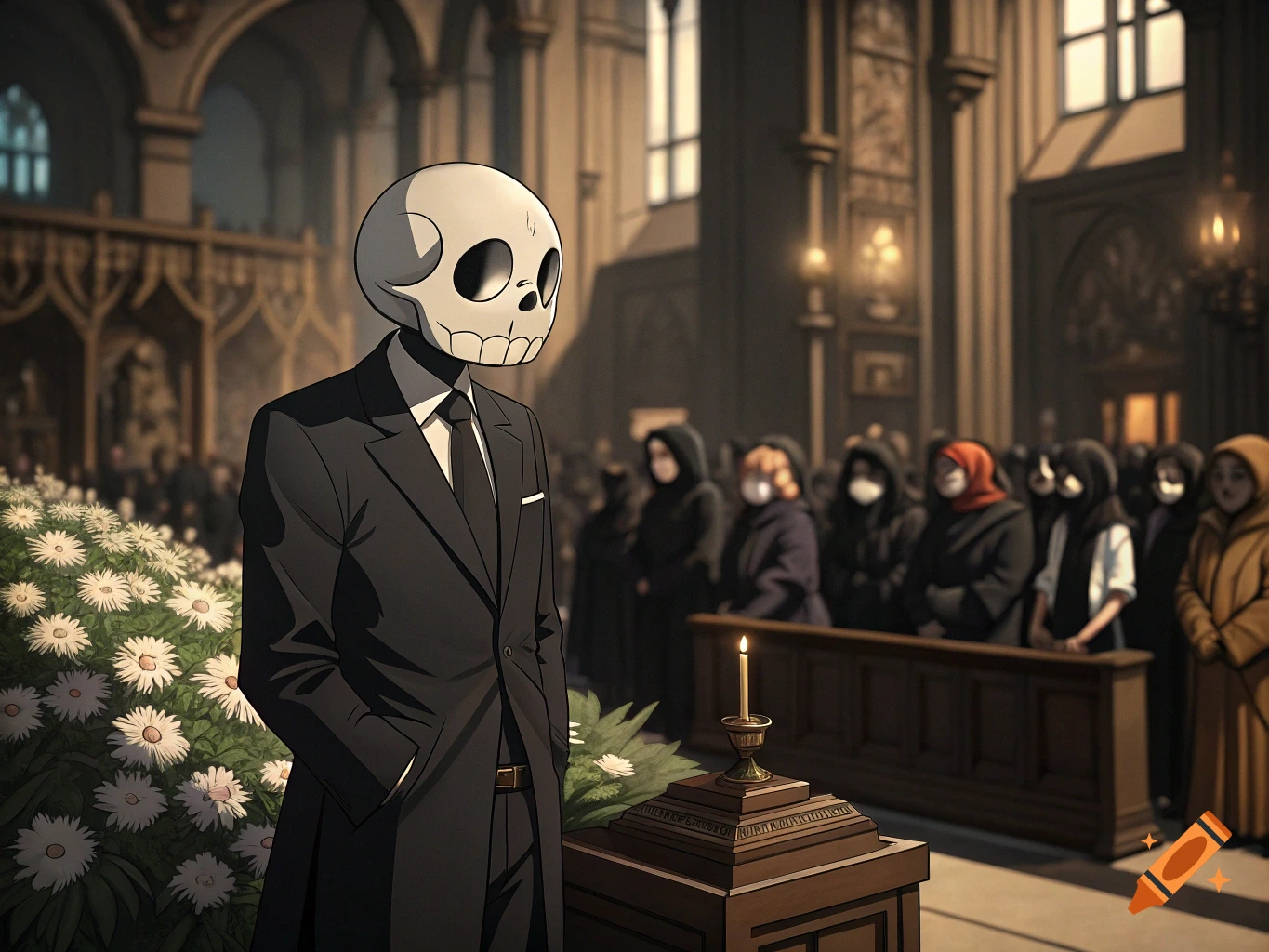 A character with a cartoonish skull head wearing a black suit stands at ...