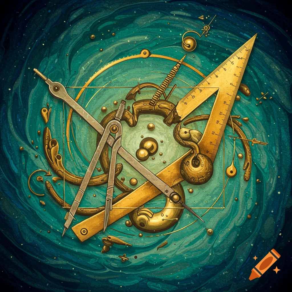 Compass, ruler, and protractor over a swirling green and gold abstract ...