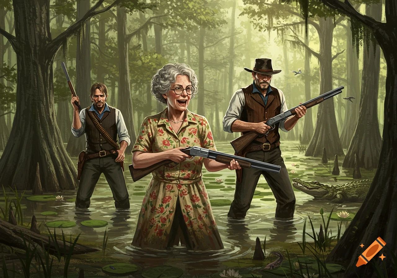 Three people, including an older woman, hunt alligators in a swamp ...