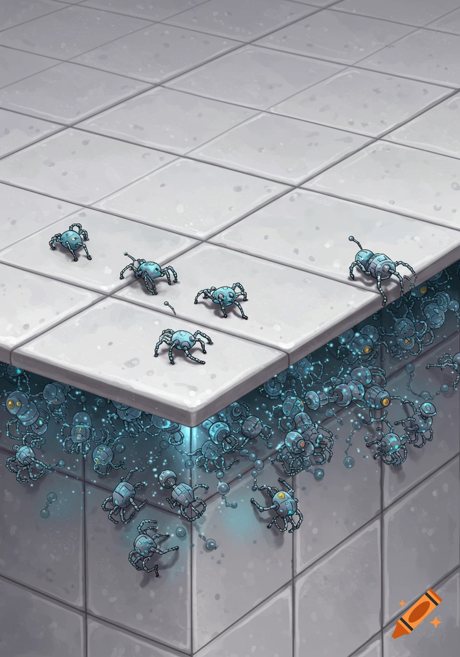 Stylized illustration of small blue robots crawling on and under white ...
