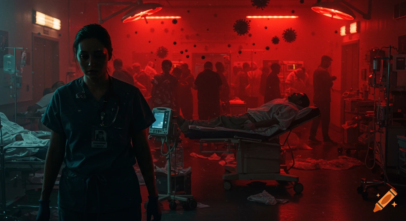Nurse in a dark, red-lit, chaotic emergency room filled with patients ...