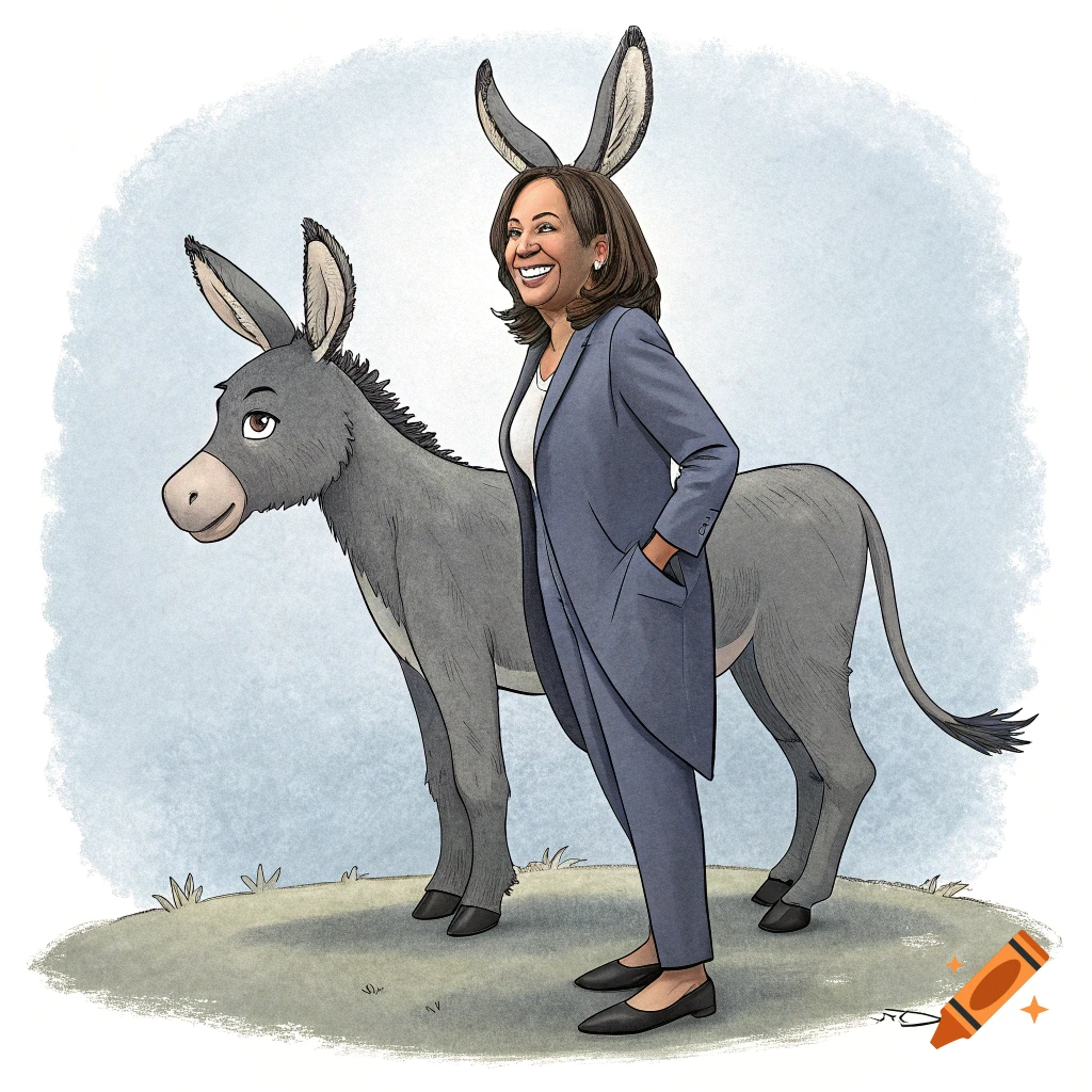 Illustration of Kamala Harris wearing donkey ears and standing next to ...