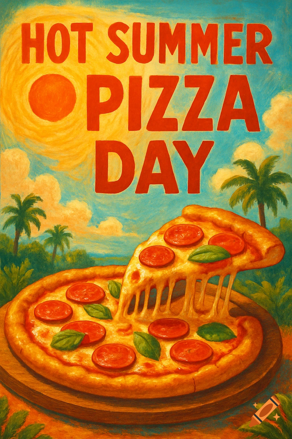 Hot Summer Pizza Day poster with a pizza slice and cheese pull, sunny ...