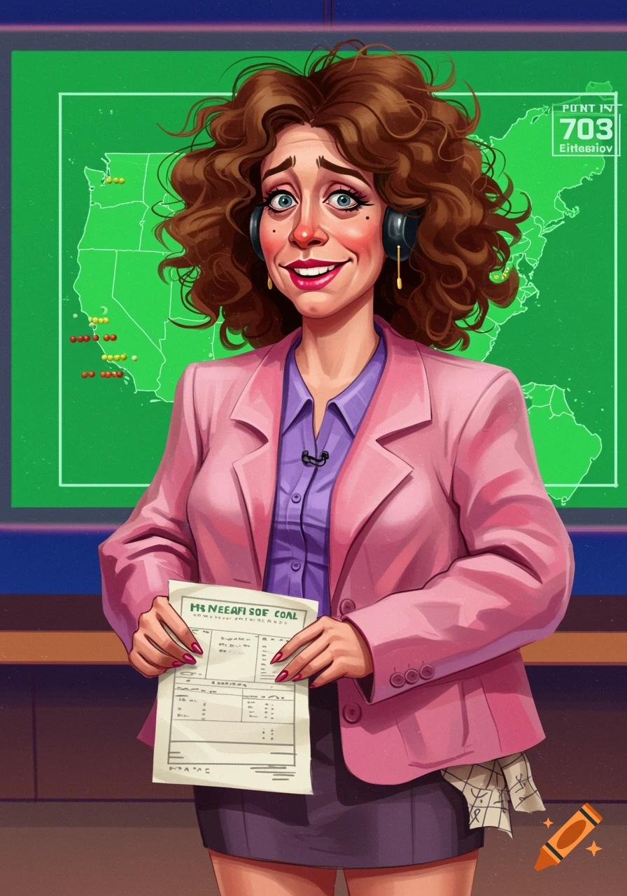 A cartoonish female weather reporter stands in front of a map holding a ...