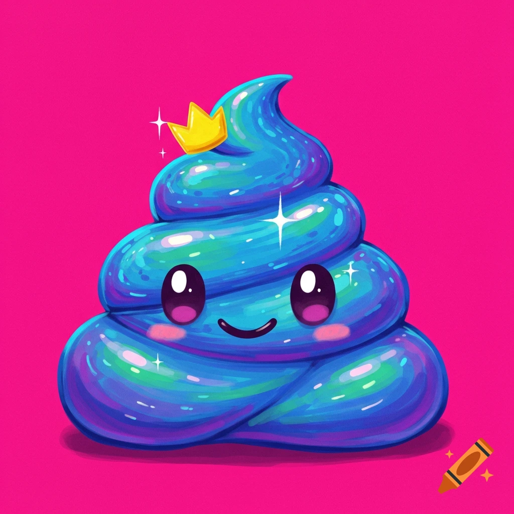 Cute sparkly blue poop character wearing a crown on a pink background ...