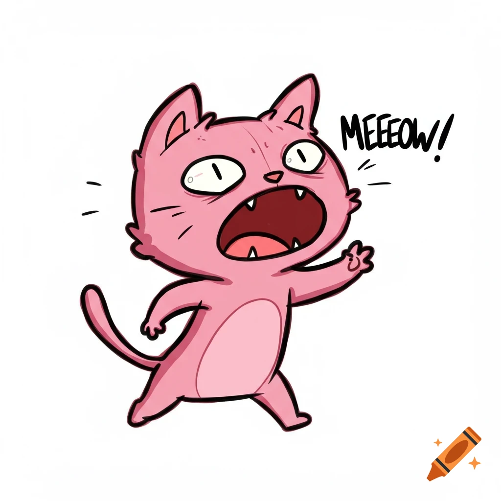 Pink cartoon cat screaming with 'MEEEOW!' text. on Craiyon