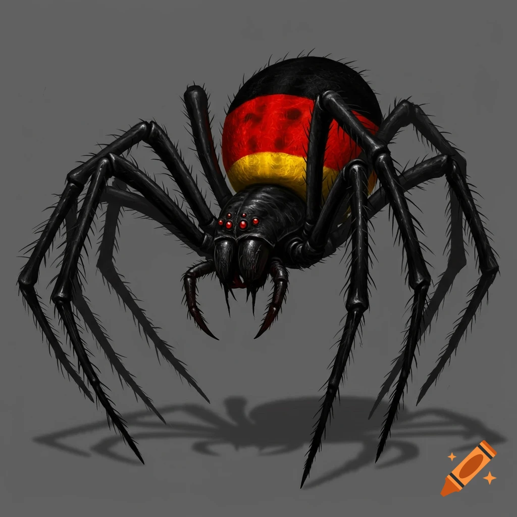 A large black spider with the German flag on its back stands on a grey ...