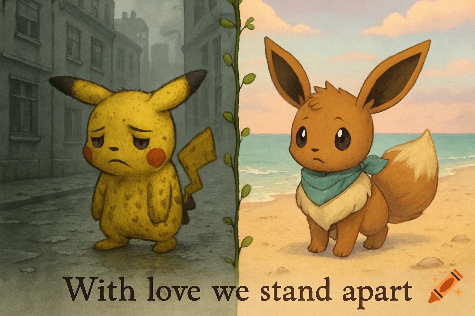 Sad Pikachu in a gray city and sad Eevee on a beach separated by a vine ...