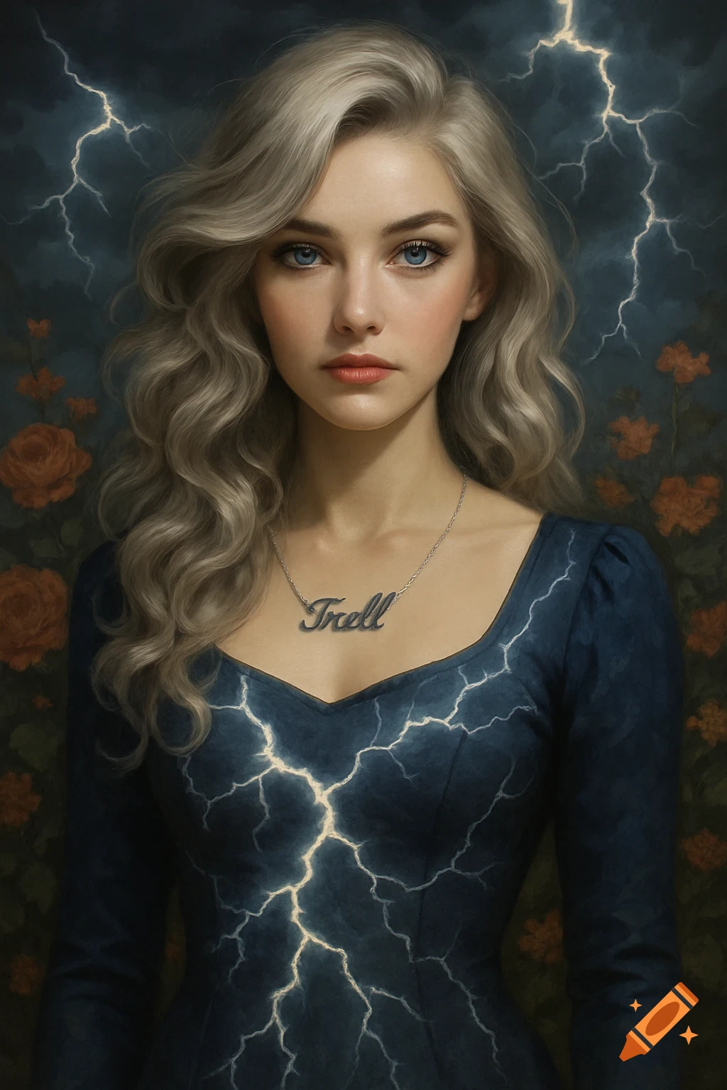 Woman with blonde hair wears a lightning dress and a necklace saying ...