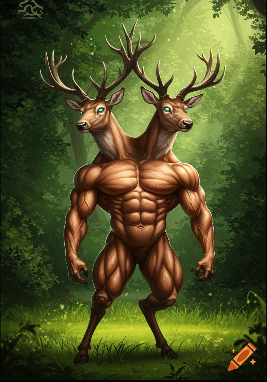A muscular, two-headed deer-humanoid creature stands in a forest. on Craiyon