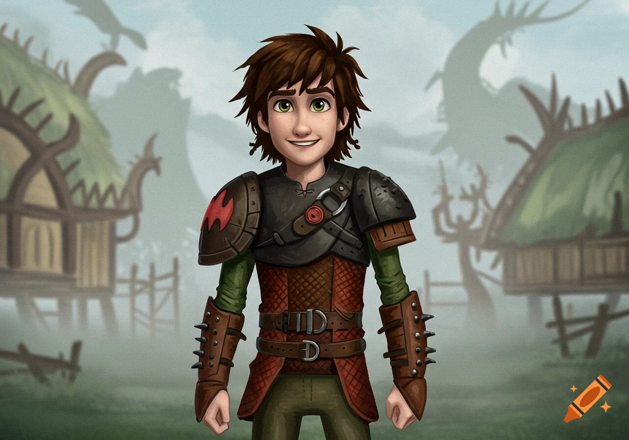Hiccup, a young man with brown hair and green eyes, wearing armor ...