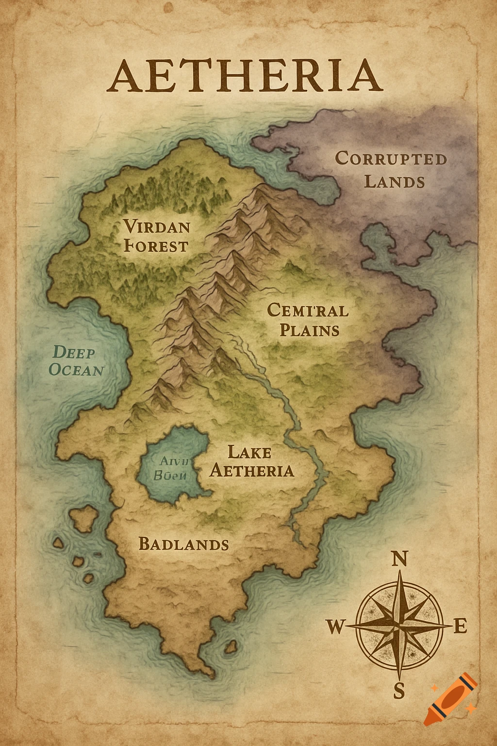 A fantasy map of Aetheria drawn in watercolor style on parchment ...