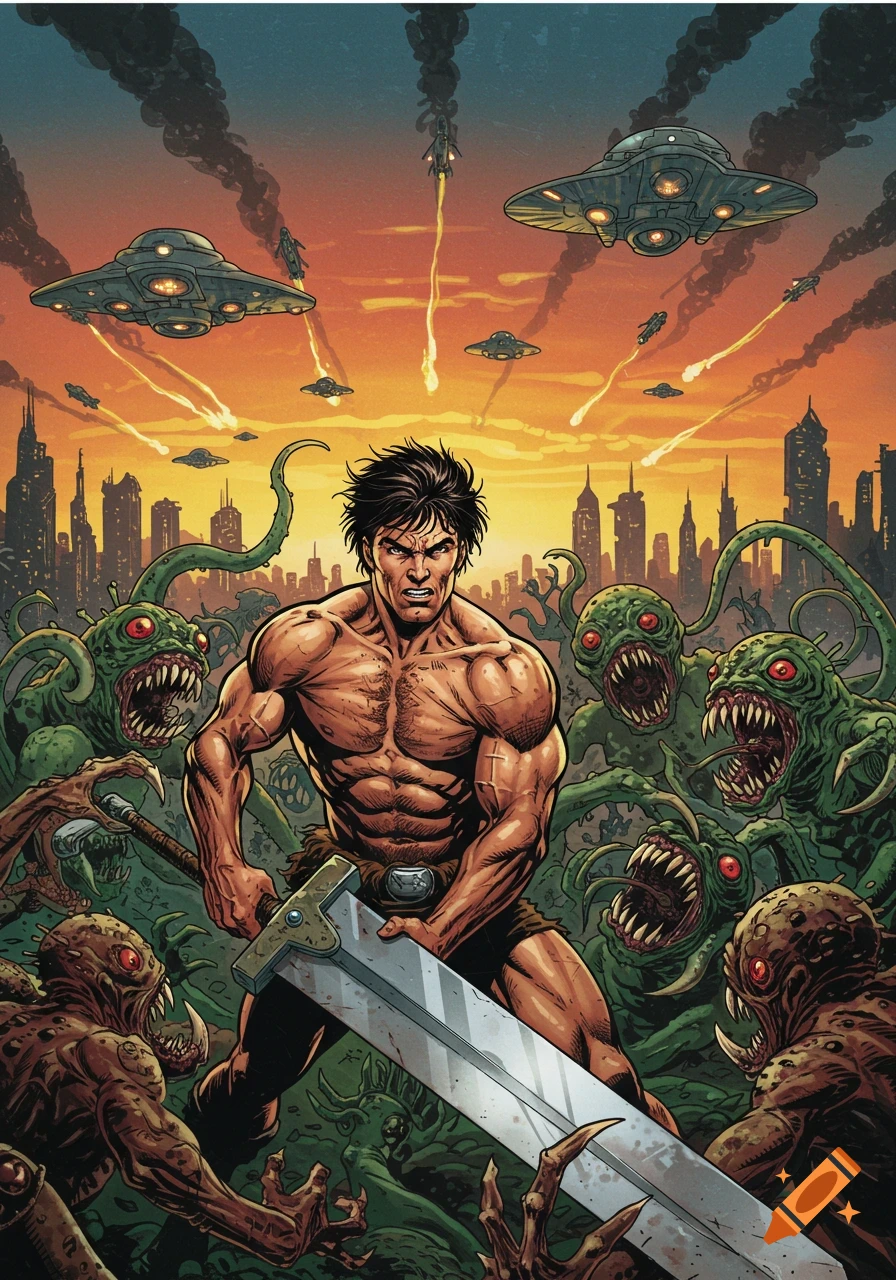 Muscular man with sword battles green monsters during a city-wide alien ...