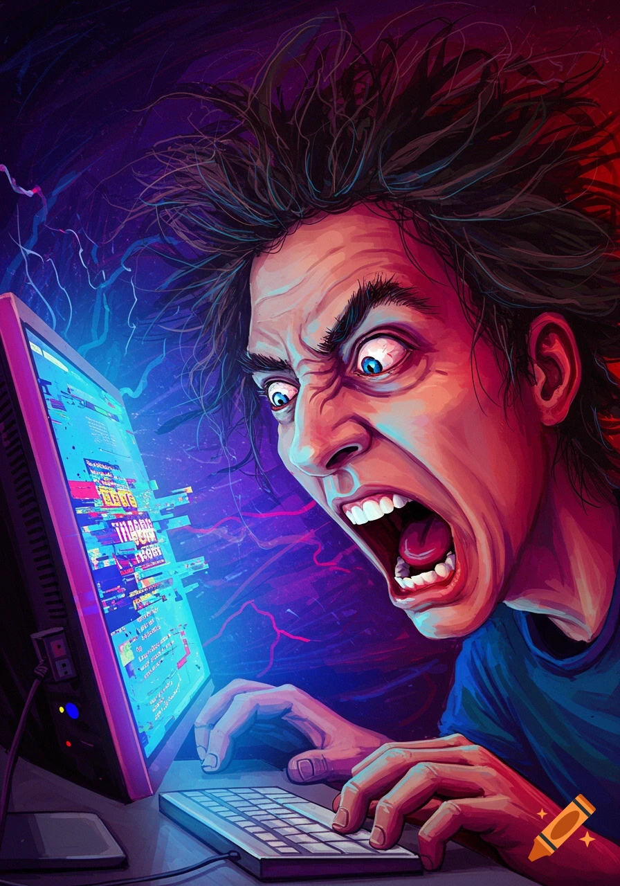 Illustration of a frustrated person screaming at a computer screen with code displayed. on Craiyon