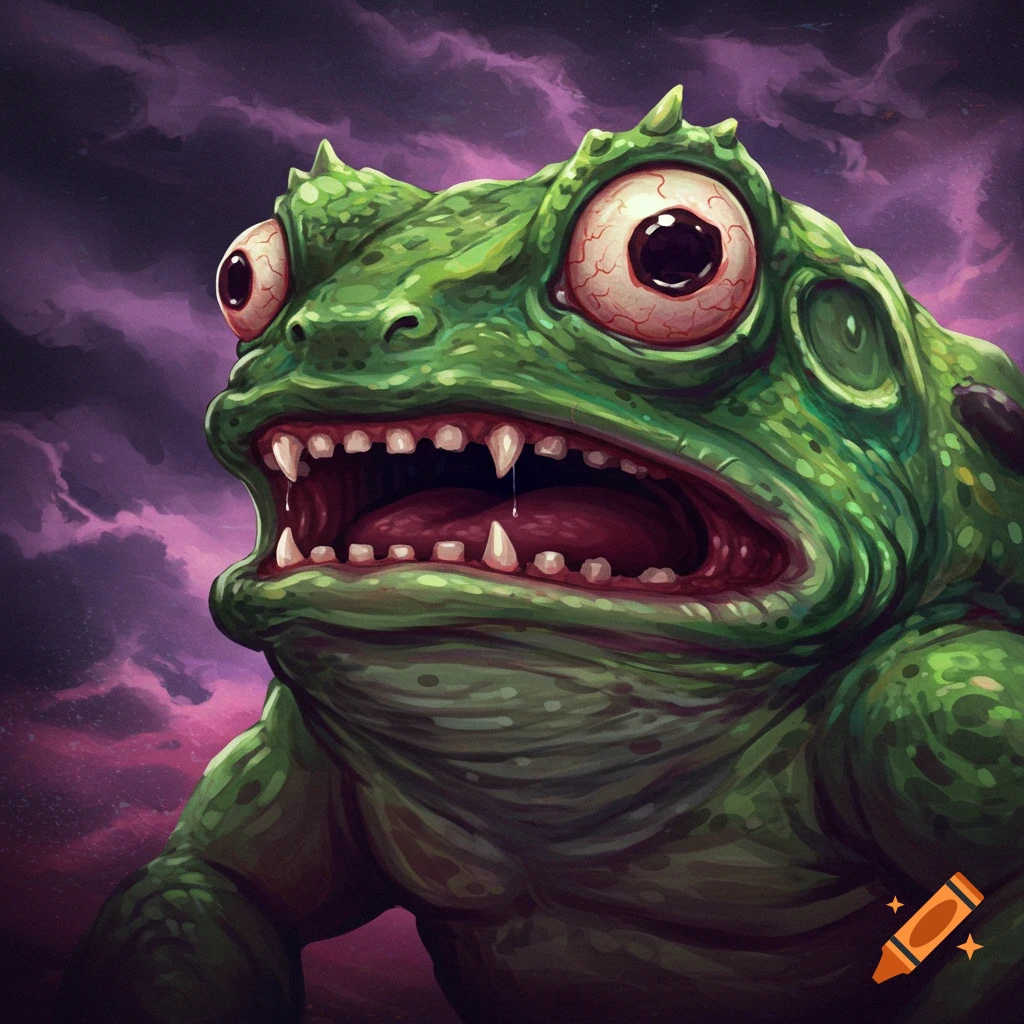 Stylized illustration of a wide-mouthed green frog with bulging red ...