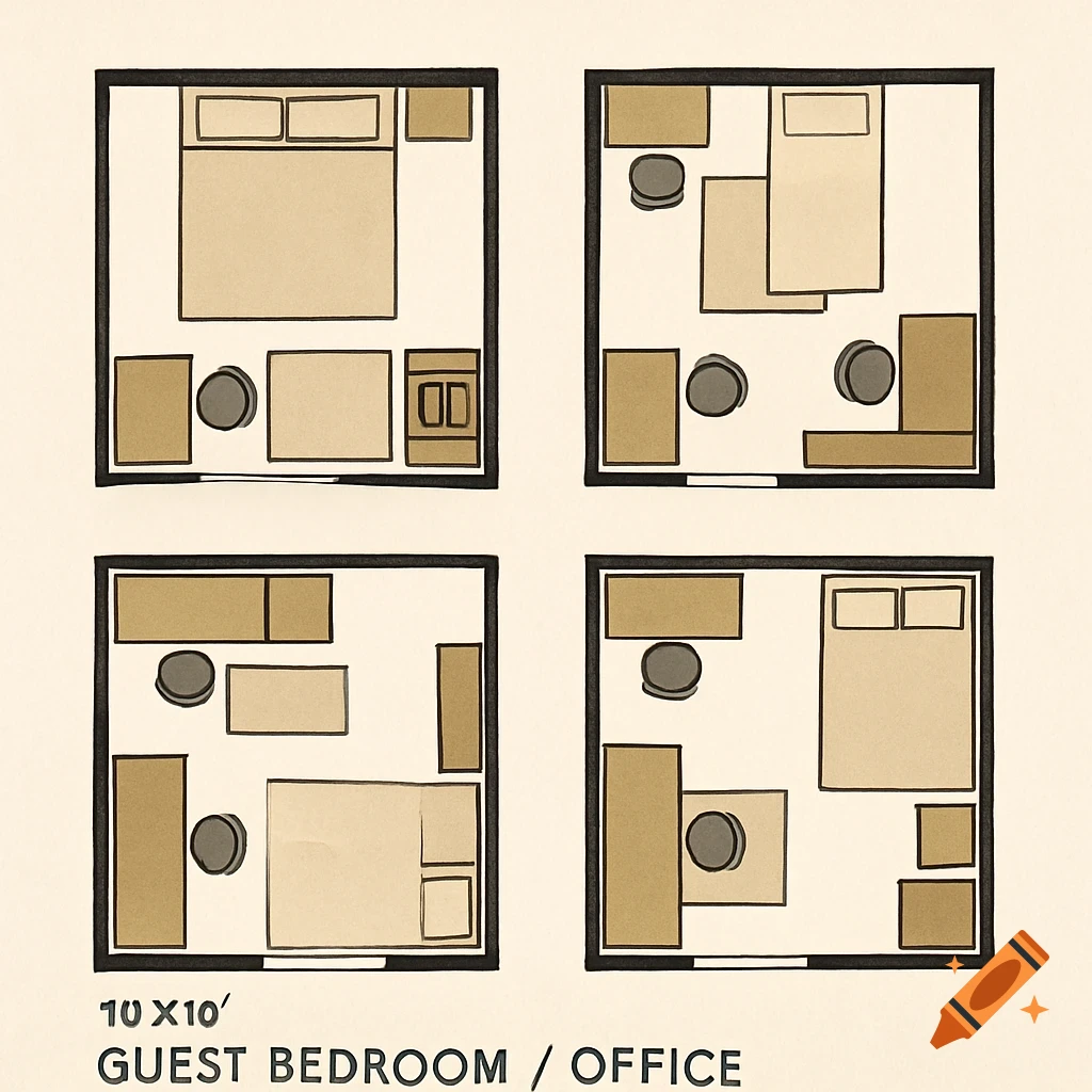 Four top-down floor plans showing layout options for a 10x10 guest ...
