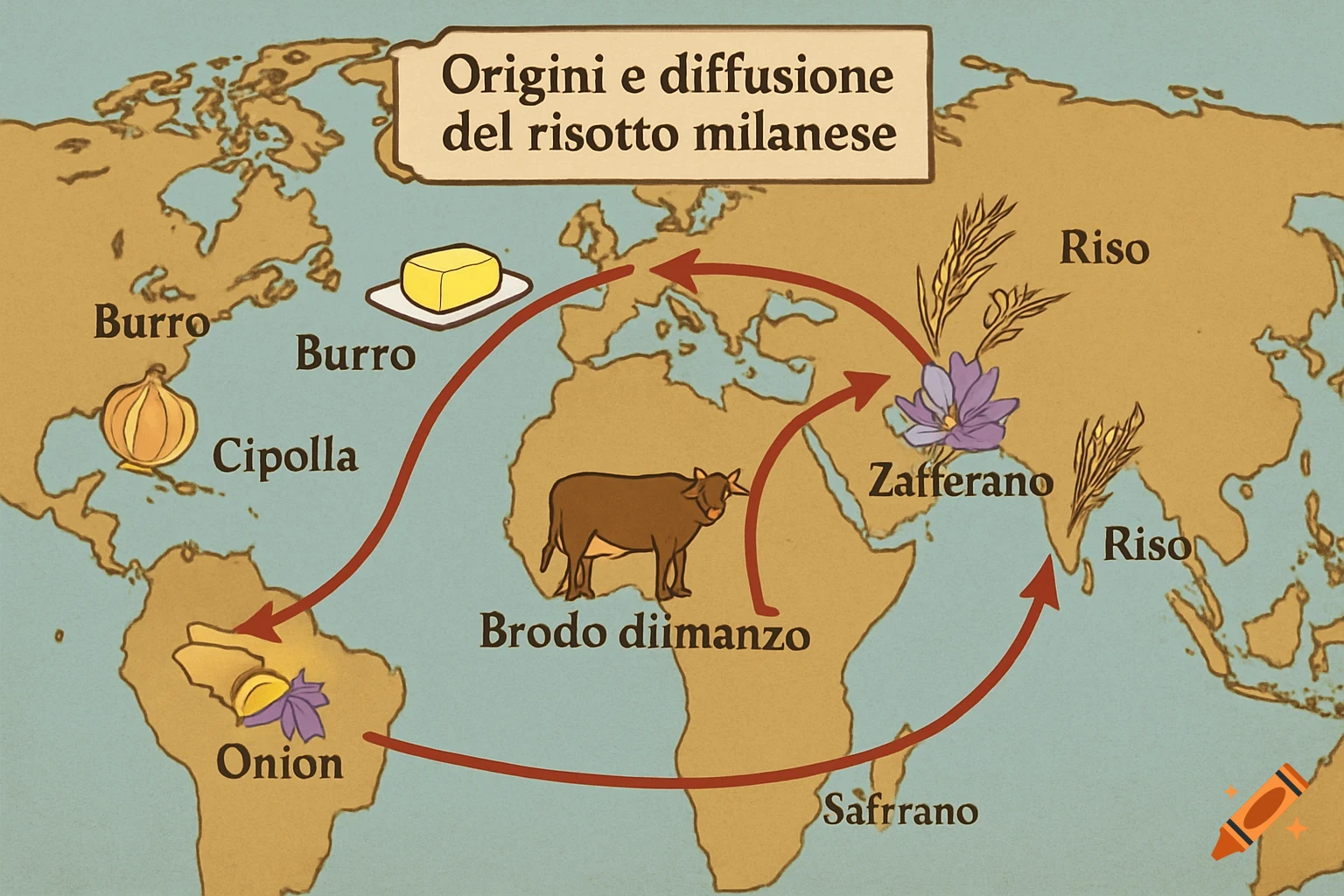 An illustrated map showing the global origins and spread of risotto ...