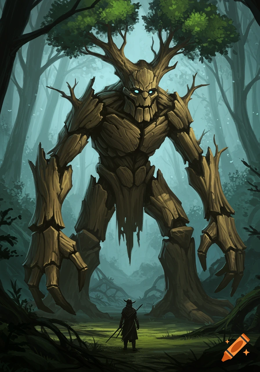 A giant tree golem with glowing eyes towers over a small figure in a misty forest. on Craiyon