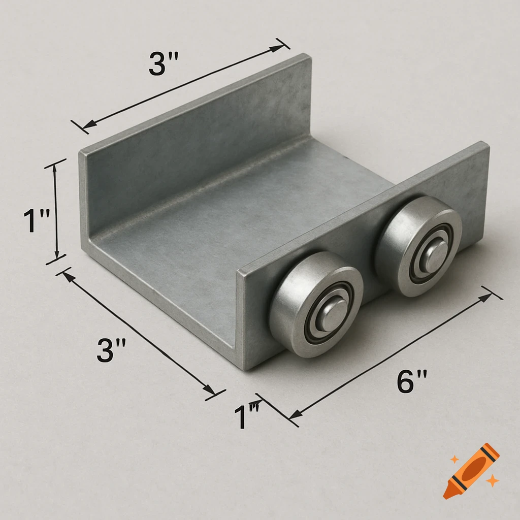 Metal U-channel with rollers and dimensional callouts. on Craiyon