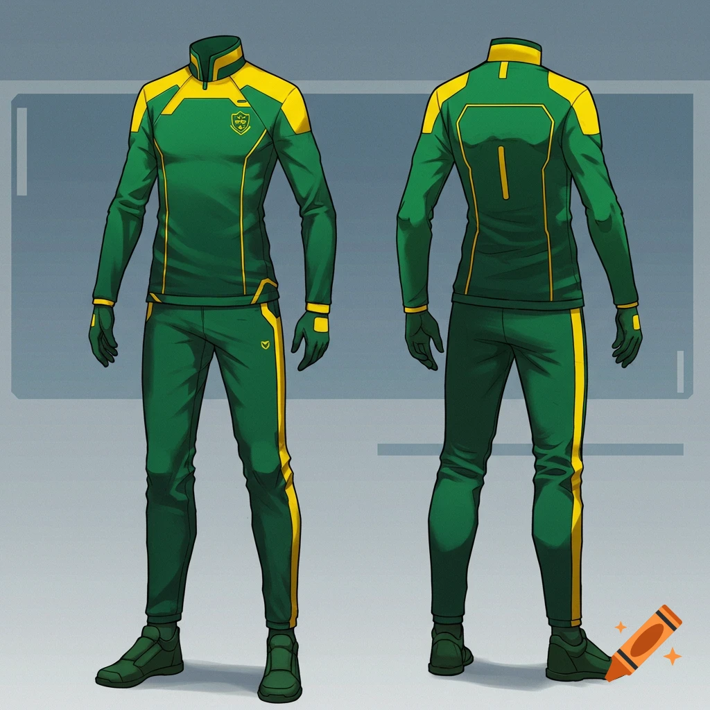 Front and back view of a green and yellow futuristic school uniform ...