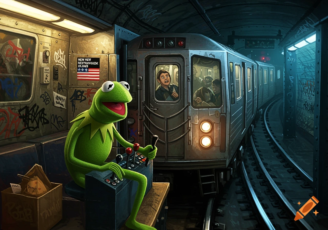 Kermit the Frog drives a graffiti-covered NYC subway train through a ...