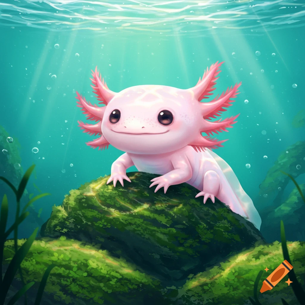 An adorable axolotl underwater on a rock on Craiyon