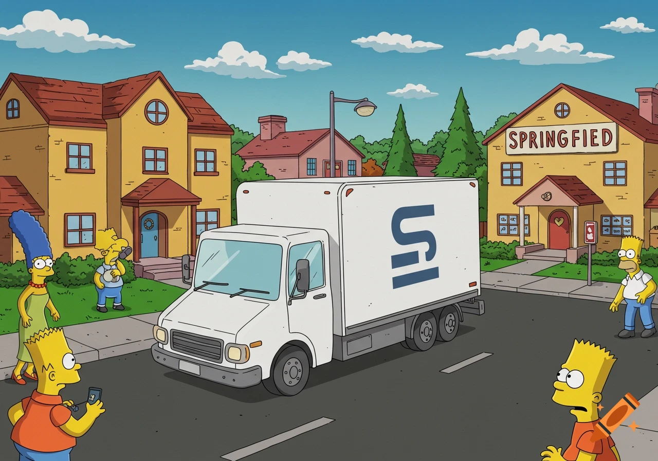 A white delivery truck drives down a street in the cartoon style of The ...
