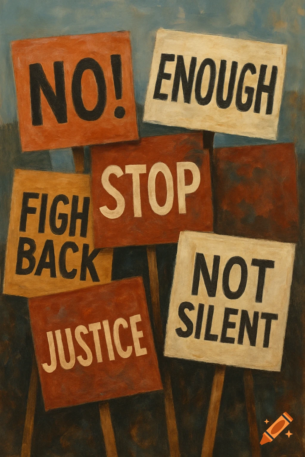 Several protest signs with words like NO!, ENOUGH, STOP, FIGHT BACK ...