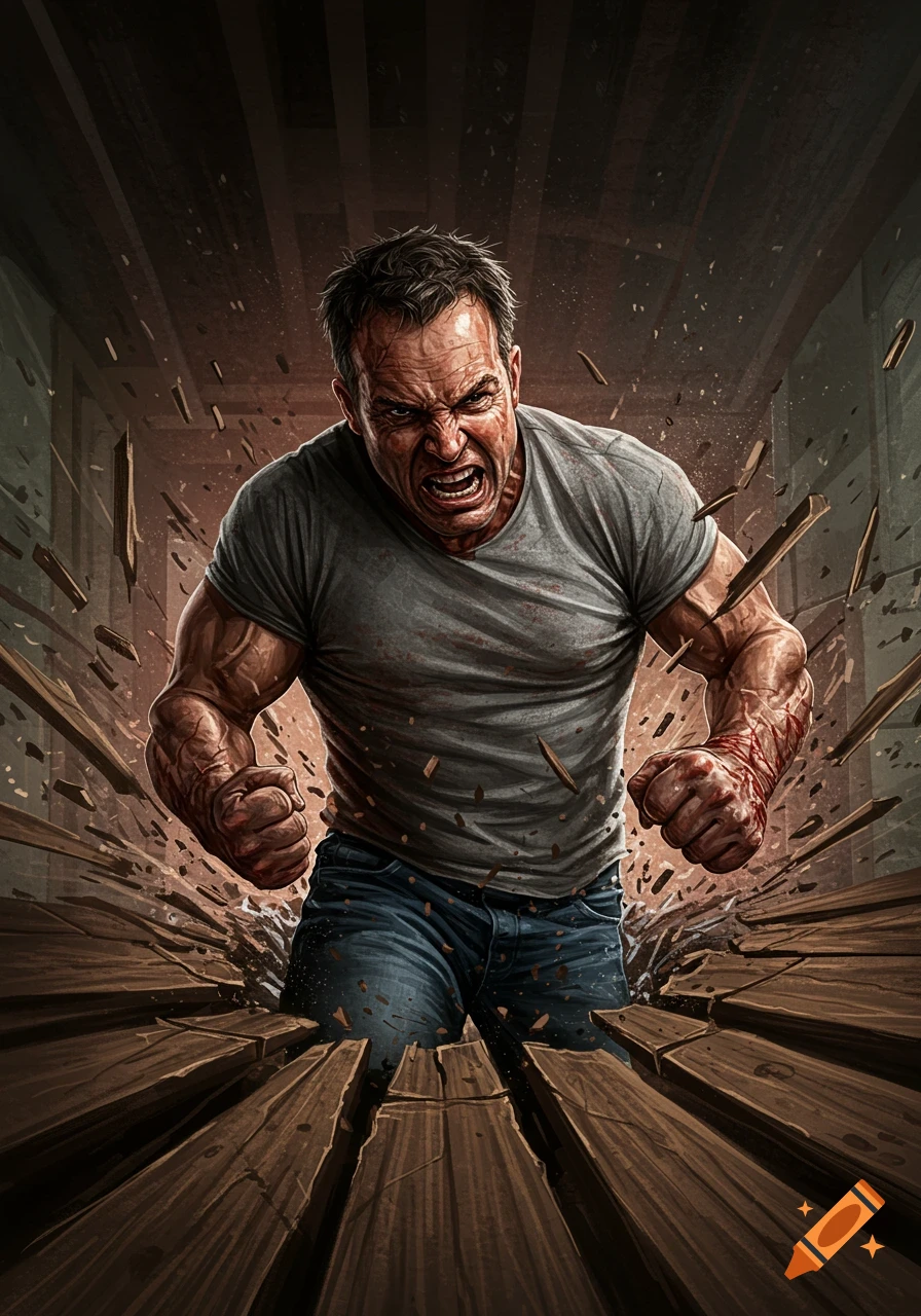 Muscular man with an angry face punching through wooden floorboards ...