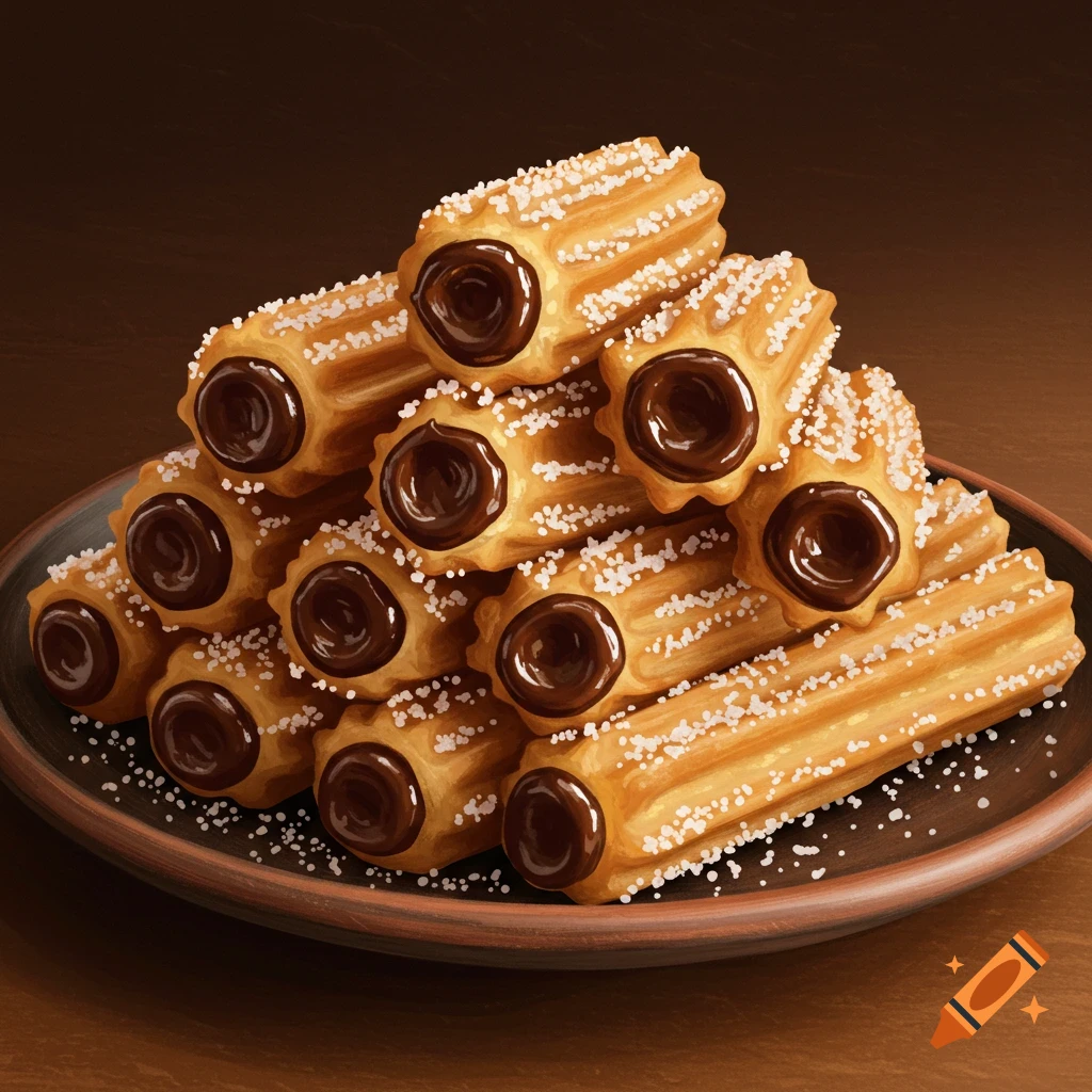 A plate piled high with chocolate-filled churros dusted with powdered ...