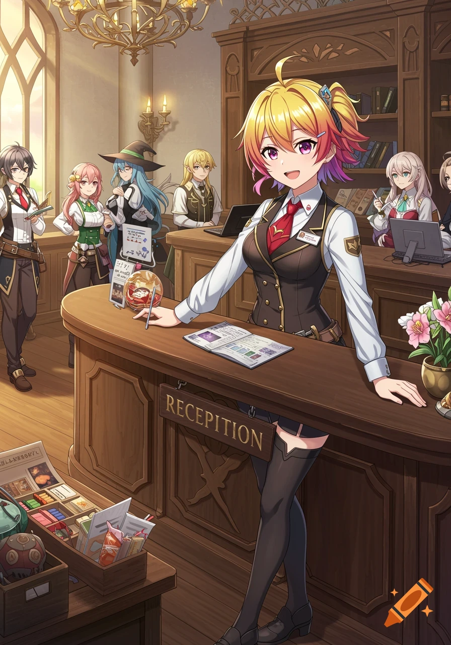 Several anime characters, including a receptionist, stand behind a ...