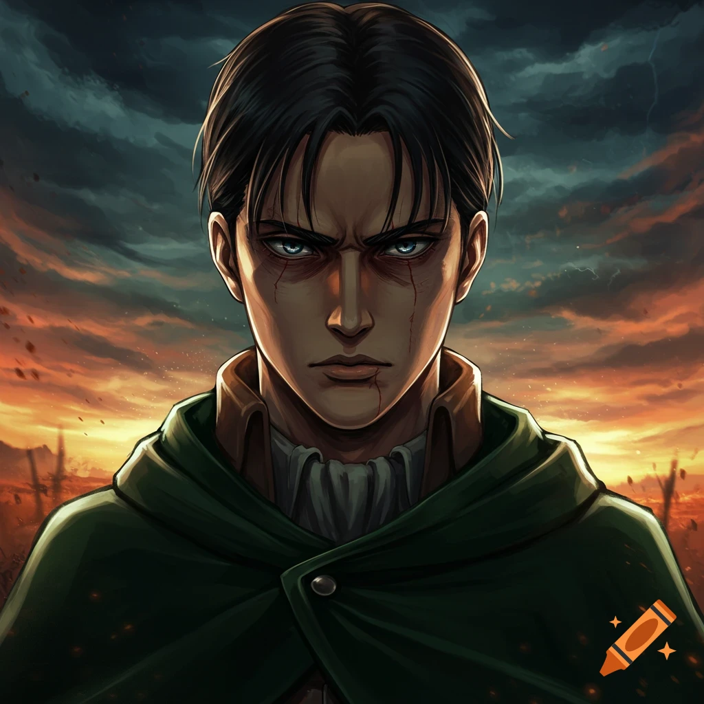 Anime portrait of a stern character with facial scratches against a ...