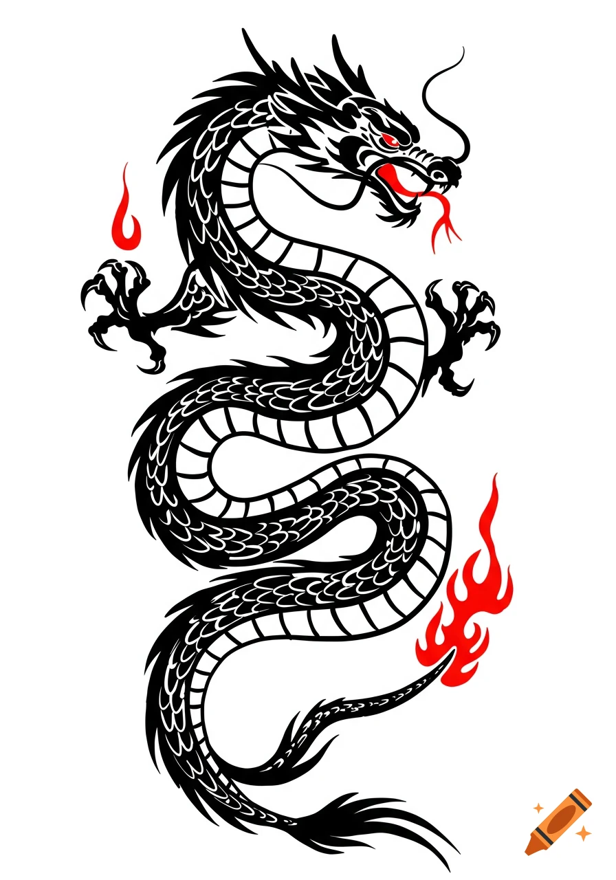 A black and red stylized Eastern dragon design with flowing linework ...