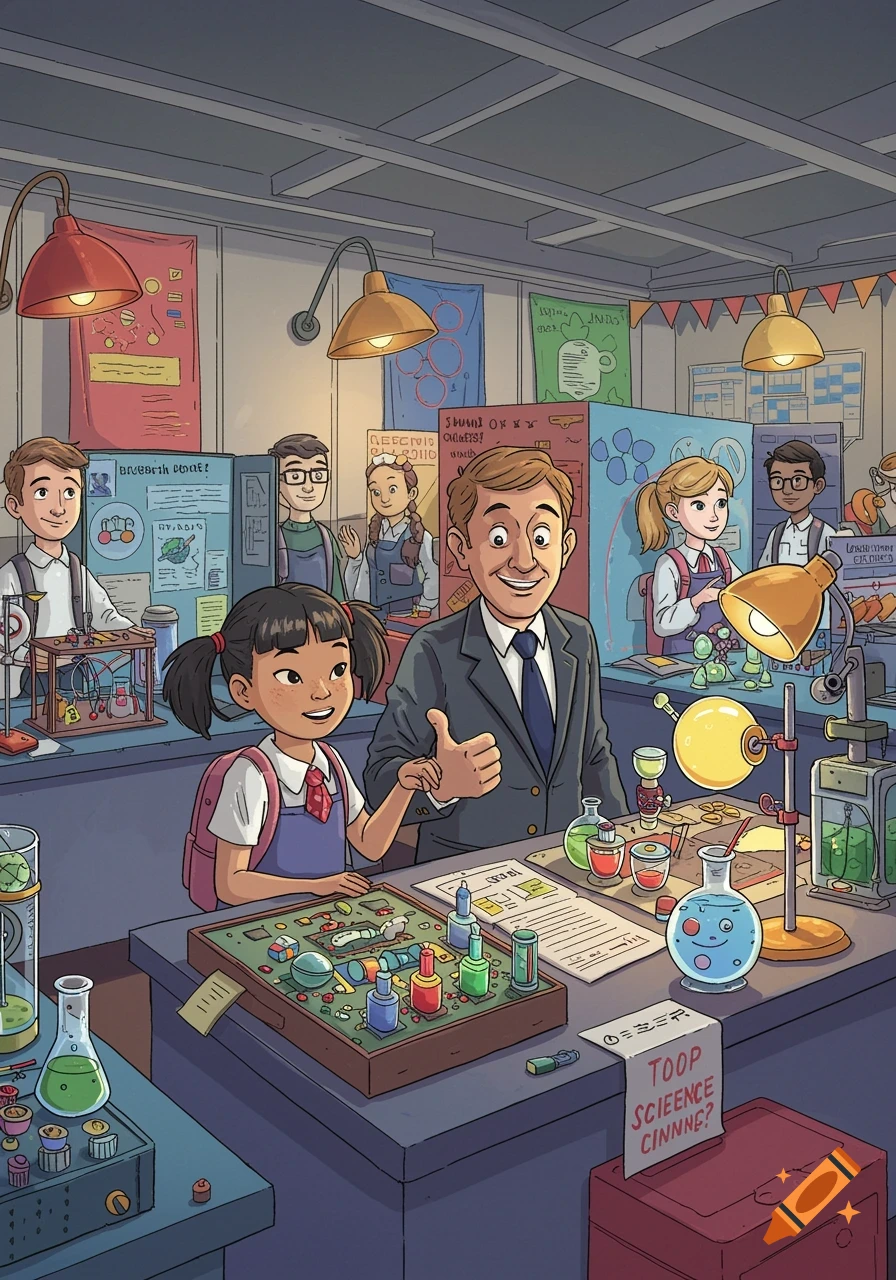 Illustration of a science fair with students and an adult in a lab ...