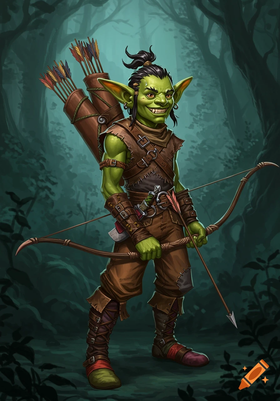 A green-skinned goblin archer with pointed ears and a sly grin stands ...