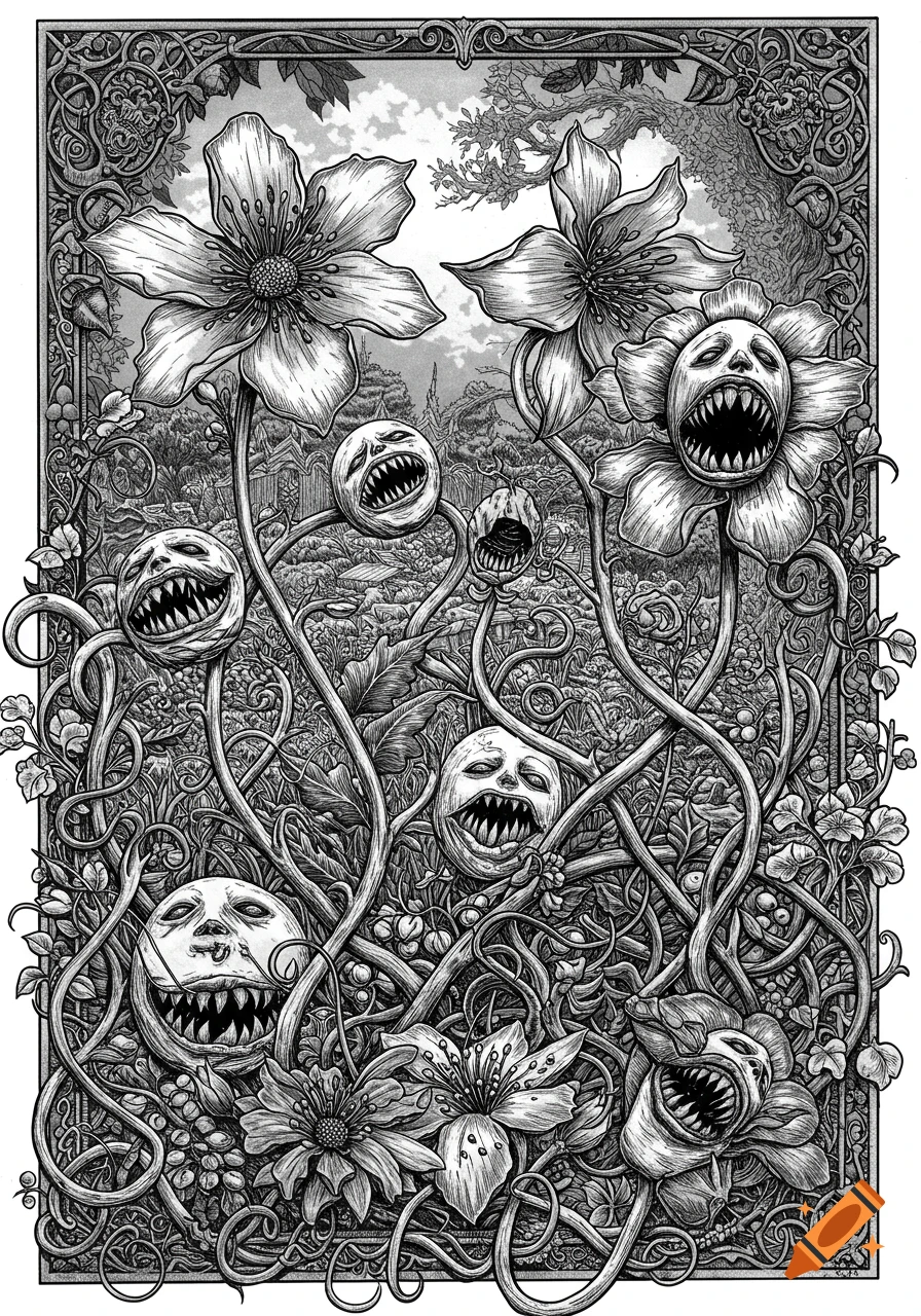 Black and white illustration of monstrous plants with faces and teeth ...