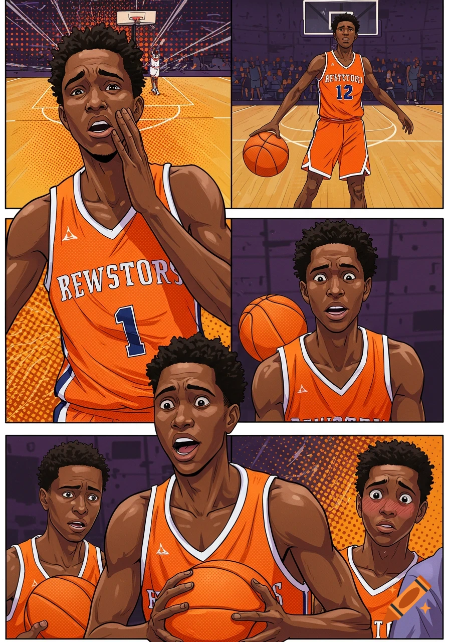 Comic panels of a young man playing basketball, showing shocked ...