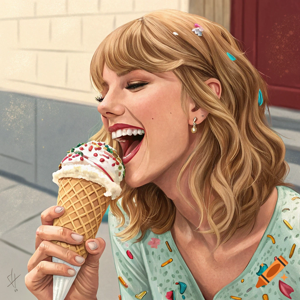 An illustration of Taylor Swift smiling widely while eating an ice ...