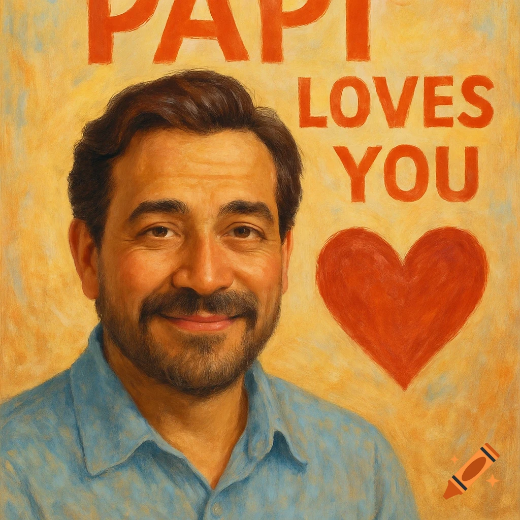 Painted portrait of a smiling man with text 'PAPI LOVES YOU' and a ...